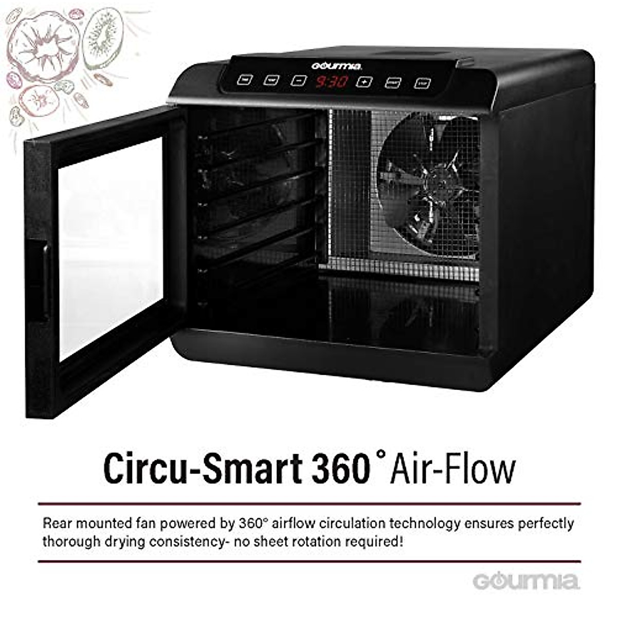 Gourmia GFD1680 Countertop Electric Food Dehydrator - 6 Drying Trays - Digital Countdown Timer - Preset Temperature Settings - Recipe Book Included