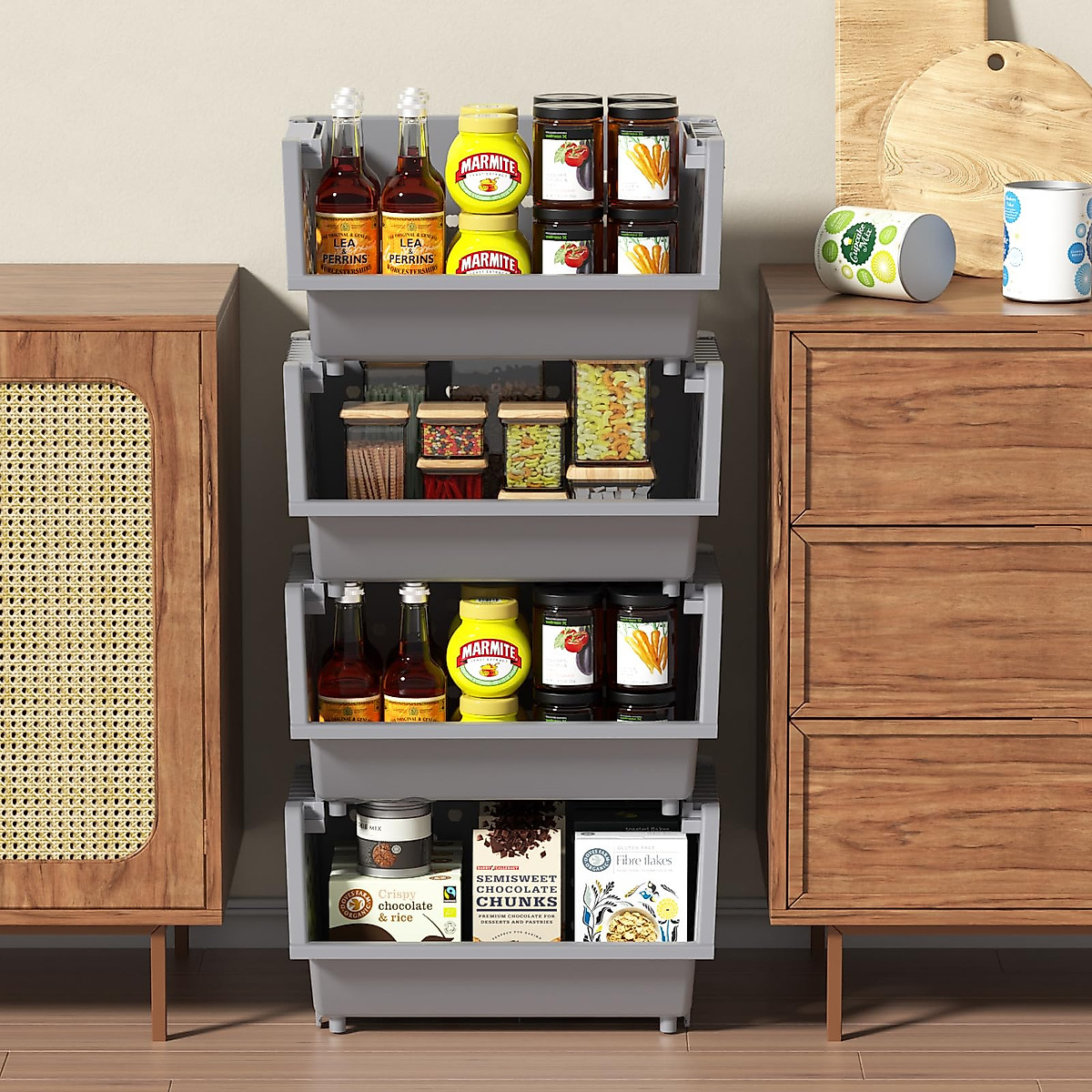 Udotry 4 Packs Plastic Stackable Storage Bins, Large Stacking Storage Baskets, Gray