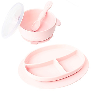 Ullabelle Suction Toddler Plates & Bowls Complete Set w/Spoon- BPA Free 100% Food Grade Silicone- Microwave & Dishwasher Safe Baby Suction Plate, Suction Bowl w/Lid, & Spoon- (Pink)