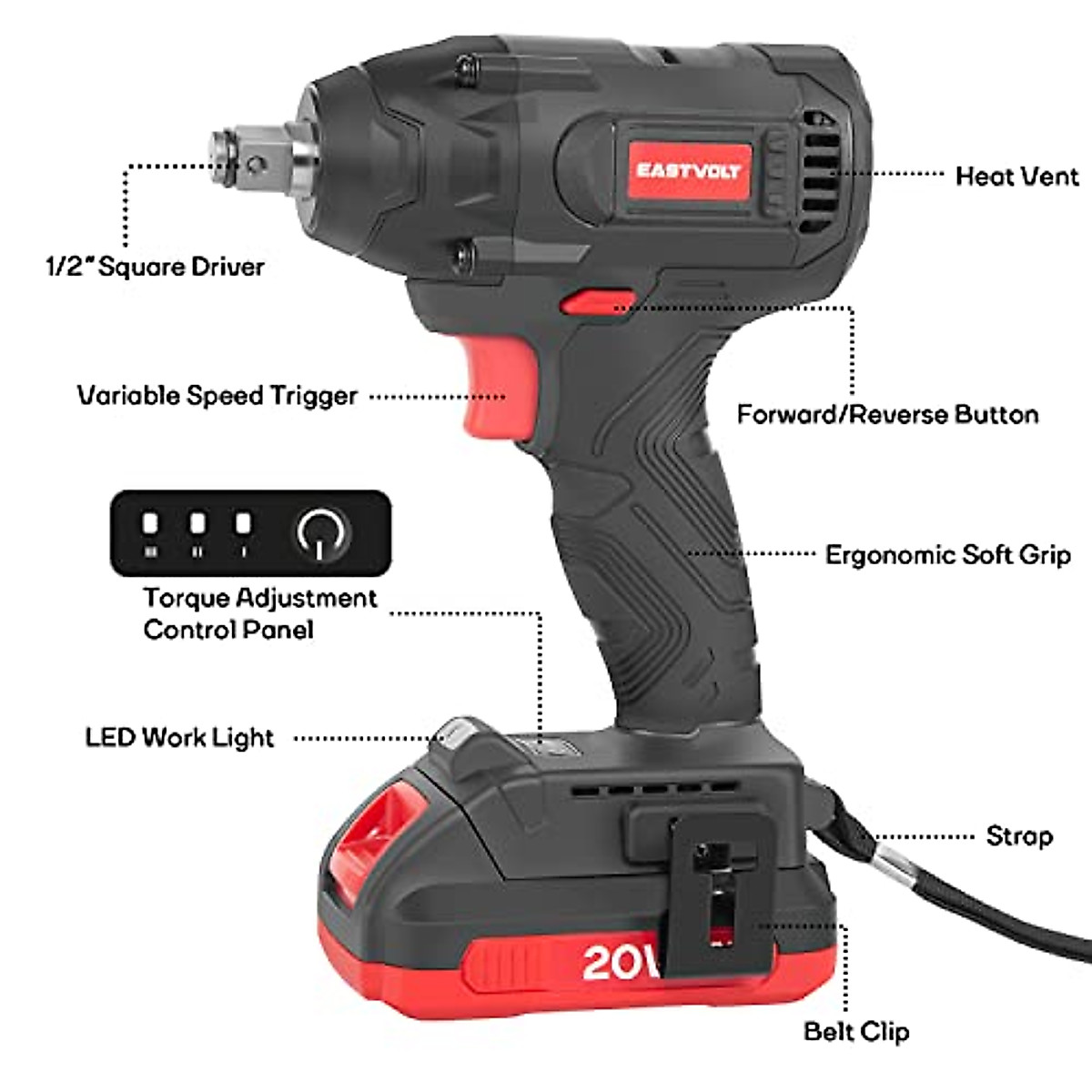 Eastvolt 20V Cordless Impact Wrench, 250Ft-lbs High Torque Brushless Wrench Kit 2600 RPM, Battery Impact Driver with Fast Charger, LED Light, 4 Sockets, Belt Clip and Storage Box