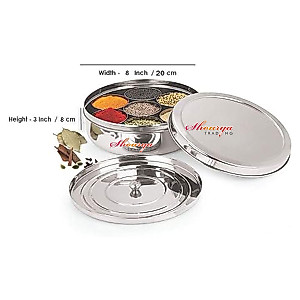 Shourya Trading Stainless Steel Spice Box with 7 Spice Containers and 7 Spoon and Double Lid, Size No. 12