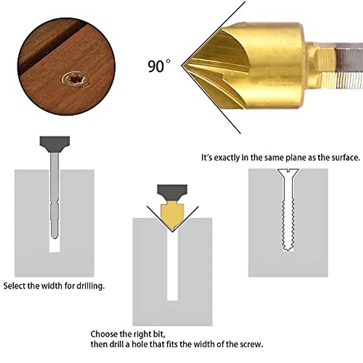 Kigauru 6 Pcs Countersink Drill Bit Set 1/4 Inch Hex Shank 90 Degree Sets High Speed Steel 5 Flute Countersink Bit Wood Quick Change Bit 6mm-19mm with 1 Pcs Automatic Center Punch Tool