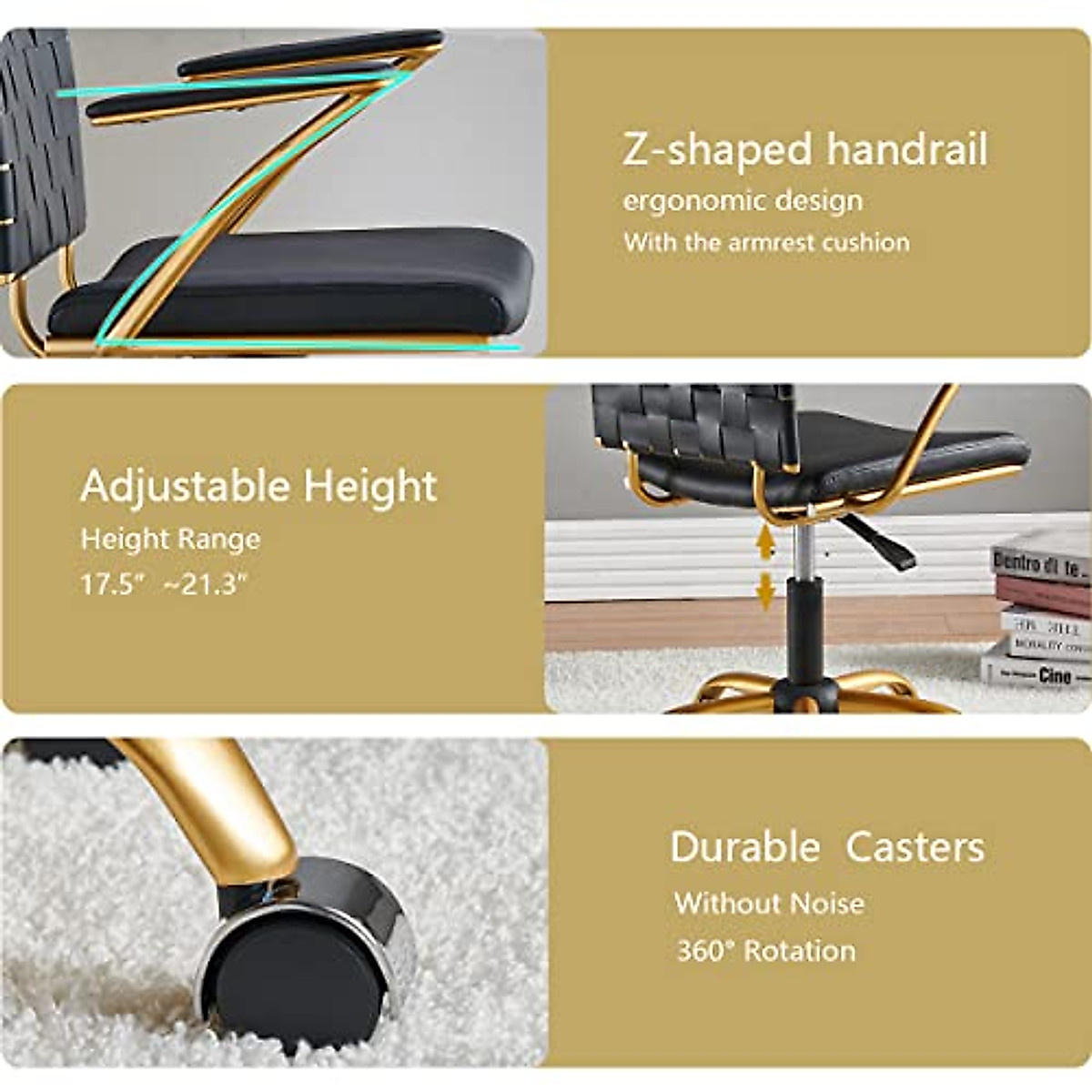 CAROCC Modern Leather Desk Chiar Gold and Black Office Chair Cute Desk Chiar Mid Back Conference Chairs with Wheels and Arms Comfortable Computer Swivel Task Chair(Black)