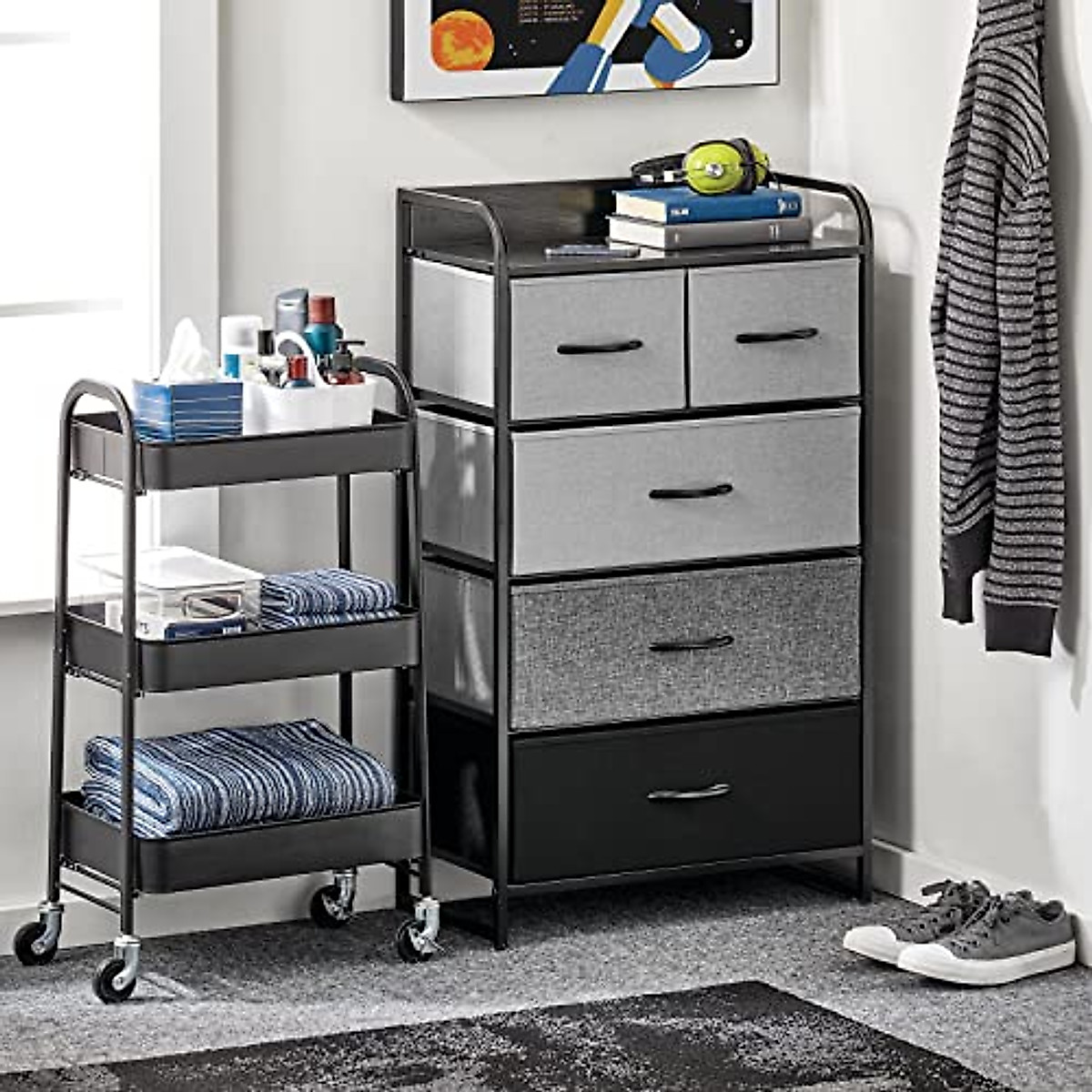 mDesign Metal 3-Tier Rolling Utility Storage Carts - Organizer Trolley for Bathroom, Kitchen, Laundry, Office, and Kids Rooms - Heavy Duty Caddy with 4 Caster Wheels - Matte Black