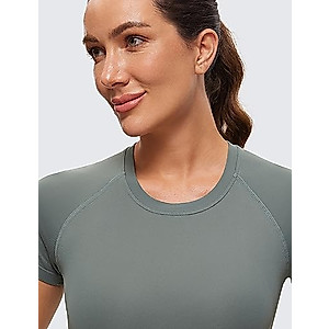CRZ YOGA Women's Seamless Workout Tops Breathable Short Sleeve Gym Shirts Running Yoga Athletic T-Shirts Grey Sage Large