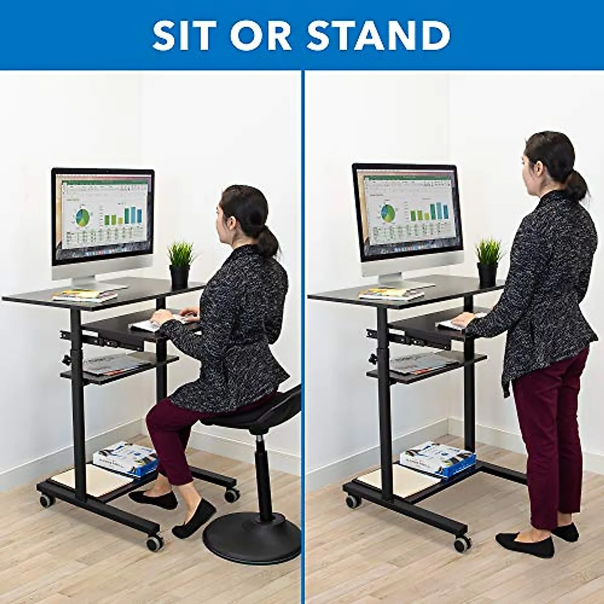 Mount-It! Mobile Standing Desk with Retractable Keyboard Platform | Height Adjustable Stand Up Computer Workstation | Locking Wheels, 99 Lbs Capacity