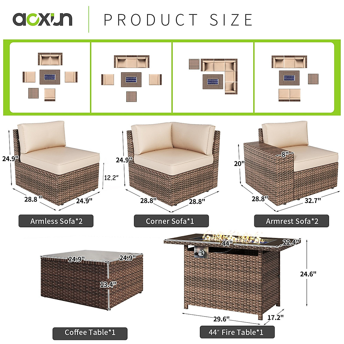 Aoxun 7 Pieces Patio Furniture Set Outdoor Wicker Rattan Furniture 44” Fire Pit Table Outdoor Sectional Sofa Include Waterproof Cover with Thickened Cushions (7 Piece, Beige)