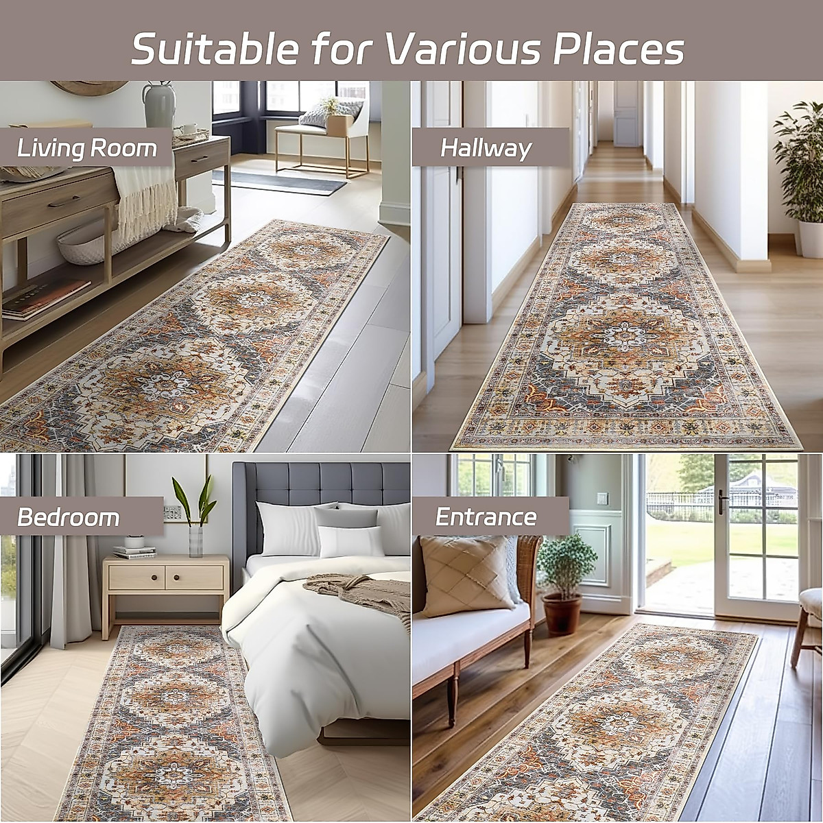 Madane Hallway Runner Rug 2x12, Extra Long Washable Runner Rugs with Rubber Backing, Non Slip Carpet Runner, Vintage Rug Runners for Kitchen Laundry Room Entryway (Turmeric/Grey, 2'x12')