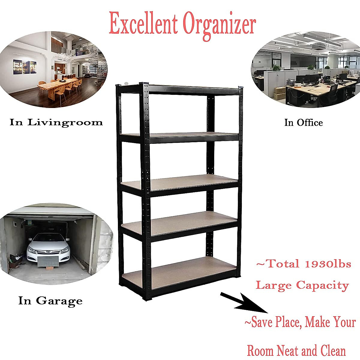 5 Tier Shelving Unit, Adjustable Heavy Duty Garage Shelves|Multi-Use Utility Shelf with 1930 Large Capacity for Office,Home,Garage--71 Inch Height