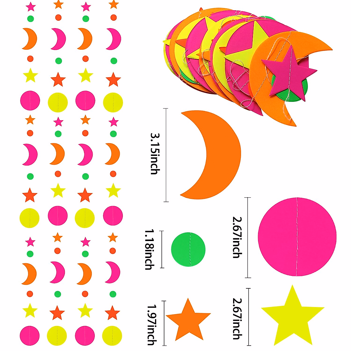 90ft Neon Fluorescent Party Hanging Decoration Glow in The Dark Party Supplies Garlands Stars Moon Dot Garland for Birthday Wedding Neon Party Background Decoration Supplies