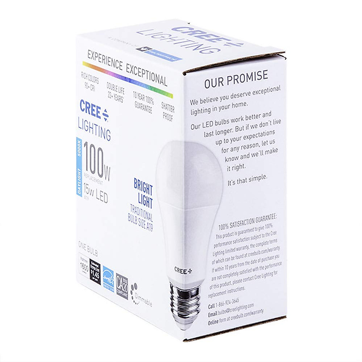 Cree Lighting A19 100W Equivalent LED Bulb, 1600 lumens, Dimmable, Daylight 5000K, 25,000 Hour Rated Life, 90+ CRI | 1-Pack, White - TA19-16050MDFH25-12DE26-1-11