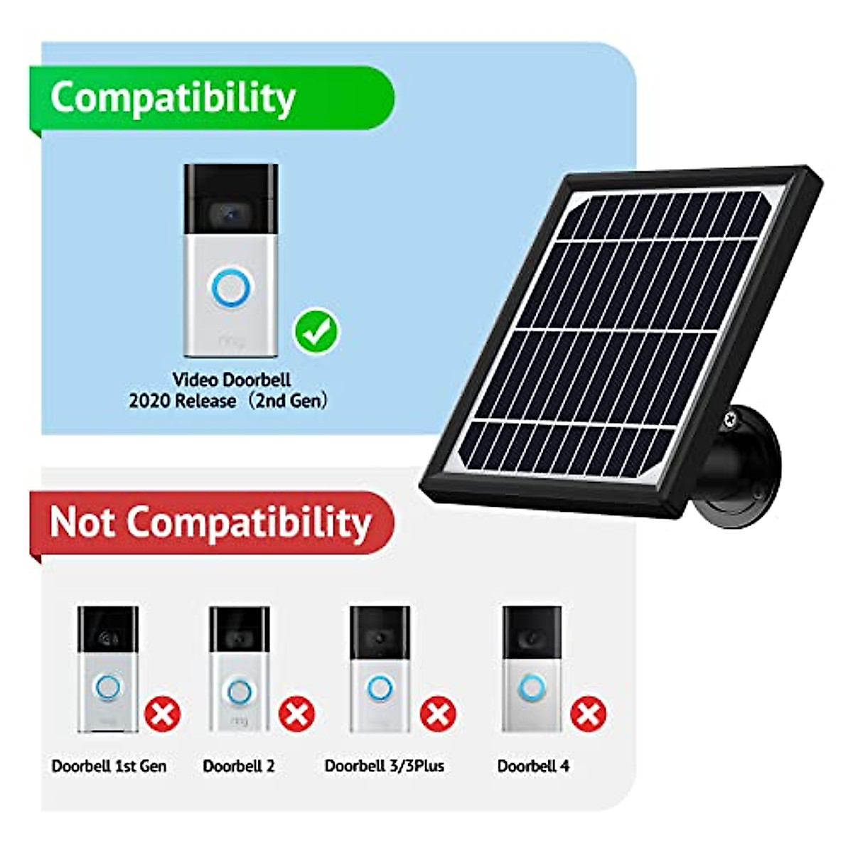 Ayotu Weatherproof Solar Panel for Ring Video Doorbell 2nd Gen 2020 Release, 5V/3.5W(Max) Output Power Adapter Continuous Charging with 3.8M/12ft Charge Cable(NOT Include Doorbell), Black