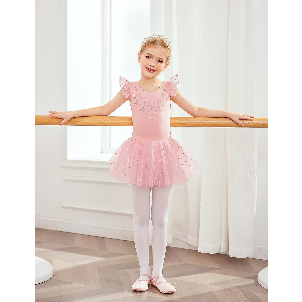 Zaclotre Kid Girls Ruffle Sleeve Ballet Skirted Leotard Shiny Dance Tutu Dresses