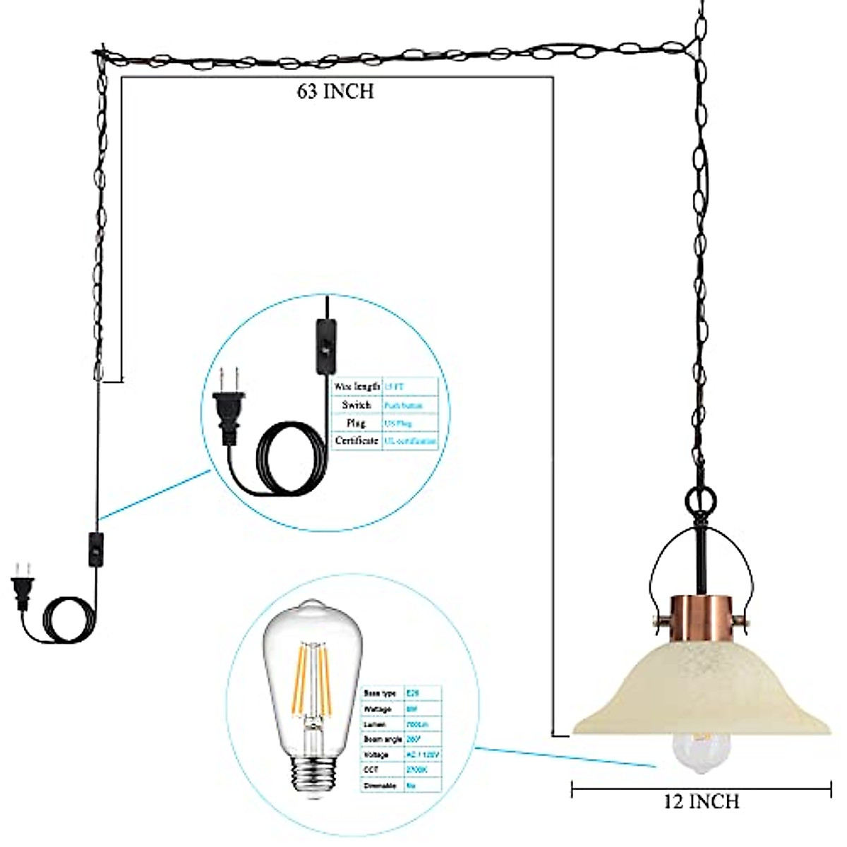 ANYONGLU Traditional Plug-in Pendant Lighting Fixture Amber Alabaster Glass Bowl Shade Antique Industrial Hanging Lamp for Kitchen Dining Room