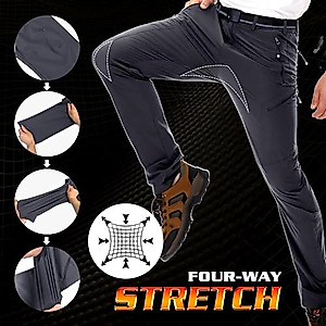 NOUKOW Men's Outdoor Hiking Pants, Quick Dry Lightweight Waterproof Work Pants for Men, Stretch Joggers Golf Travel Pants with 6 Zip Pockets and Belt Dark Grey