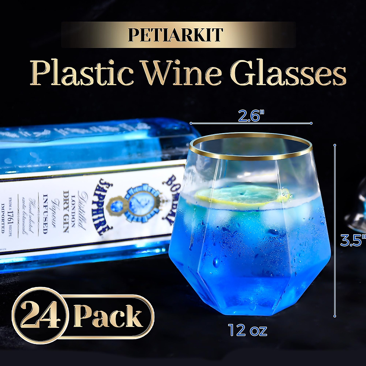 PETIARKIT 24 Pack Plastic Stemless Wine Glasses, Disposable Diamond Shaped Wine Glasses, 12Oz Plastic Whiskey Glasses for Parties, Birthdays, Housewarmings, Wedding (Gold Rim)