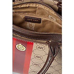Anne Klein Mini Logo Satchel, Cream-Brown/Espresso w/Red-Rhubarb Stripe