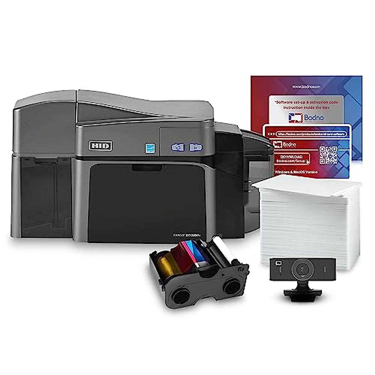 Fargo DTC1250e Dual Sided ID Card Printer & Complete Supplies Package with Bronze Edition Bodno Software