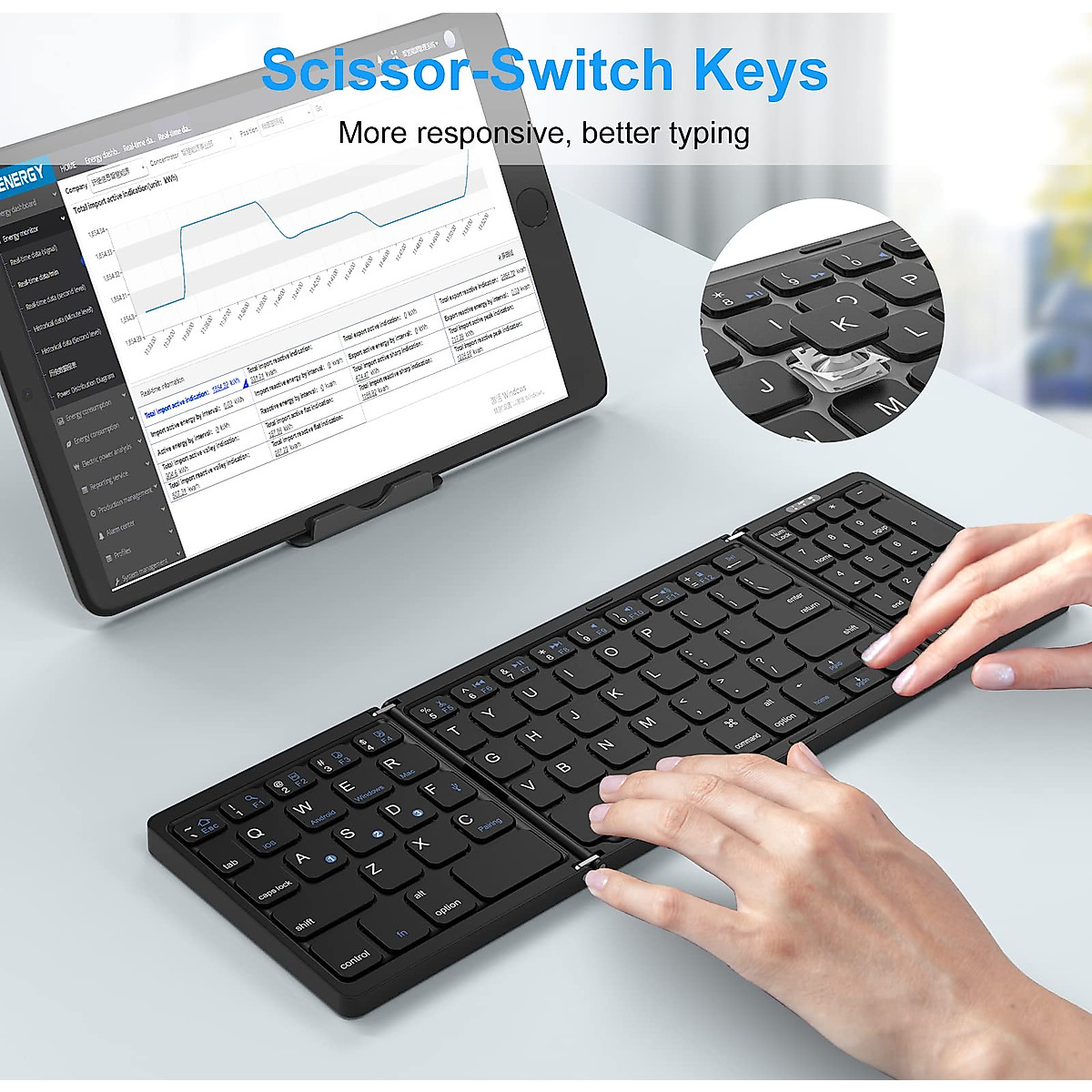 Erkovia Foldable Bluetooth Keyboard, Wireless Portable Keyboard with Numeric Keypad, Dual Modes Bluetooth/USB Wired Travel Keyboard for iOS/MacOS, Android, Windows Device(Not Full Size)