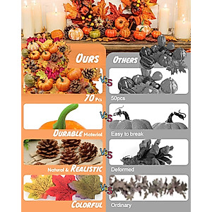 70PCS Fall Decor Artificial Pumpkins for Decorating, Foam Pumpkin Decor for Harvest Halloween Thanksgiving, Faux Pumpkin Decorations Set with 8 Fake Pumpkins+ 2 Pinecones+ 10 Pinecones+50 Fall Leaves