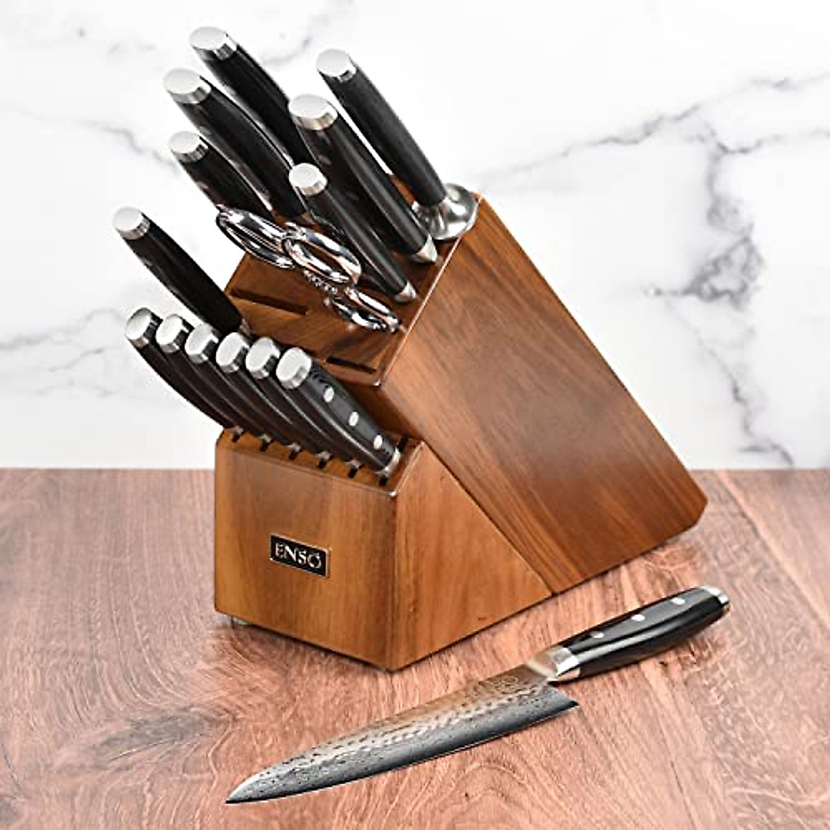 Enso HD 16 Piece Knife Set - Made in Japan - VG10 Hammered Damascus Stainless Steel with Acacia Block