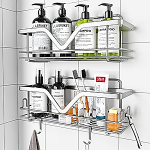 SIXDOVE Shower Caddies 2 PACK - No Drilling Adhesive Shower Organizer with Hooks, Rustproof SUS304 Stainless Steel Bathroom Shower Shelf, Shower Rack Large Shower Holder & Kitchen Storage (Silver)