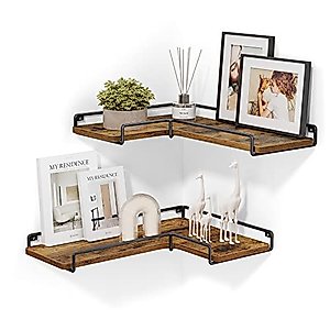 VASAGLE Corner Shelf Wall Mount Set of 2, Corner Floating Shelves, Small Corner Wall Shelf for Decor Storage, for Living Room Bedroom Kitchen Bathroom, Rustic Brown and Black ULLS831B01