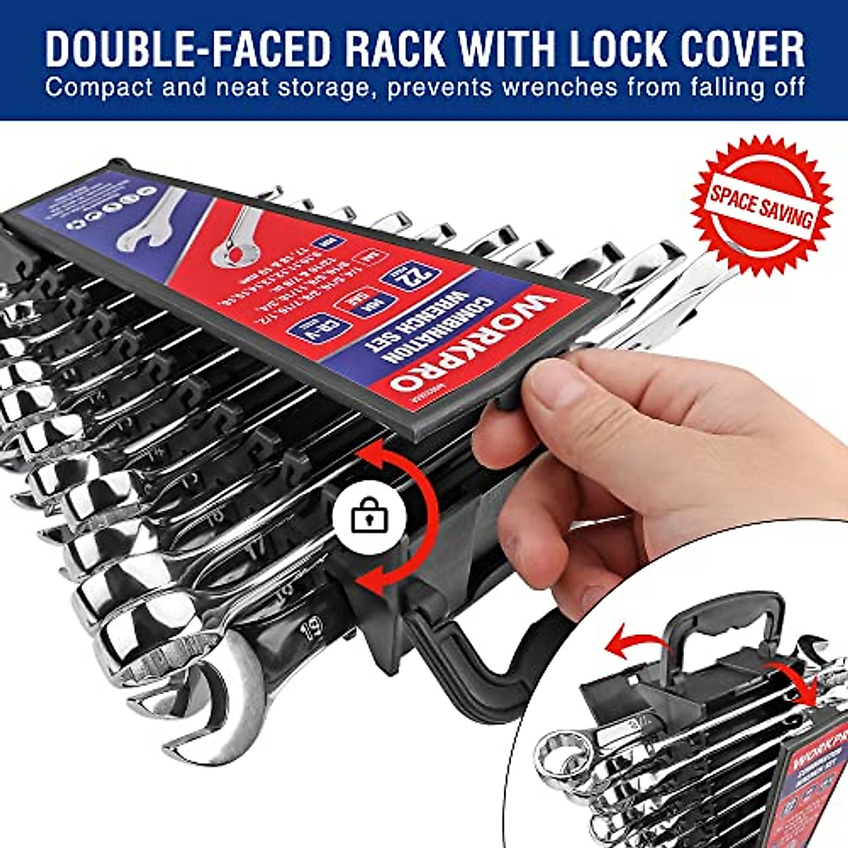 WORKPRO Mechanics Wrench Set Metric and Standard, 22PCS Complete Combination Wrenches Set. SAE 1/4" to 3/4", Metric 9mm to 19mm, Automotive Wrench Set with Rack Organizer