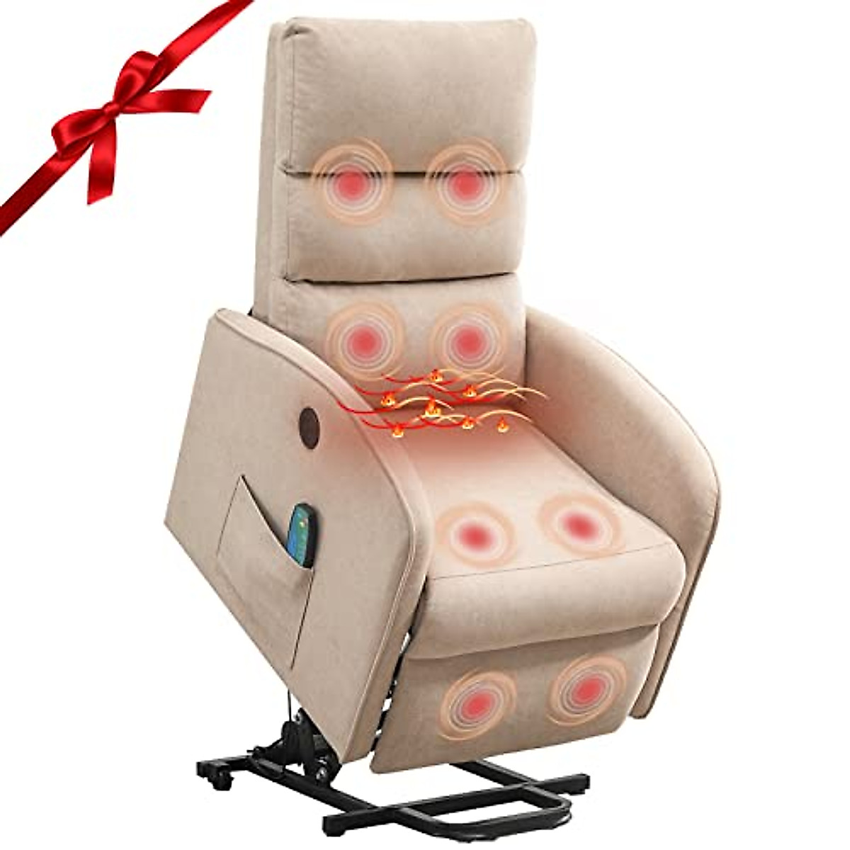 AVAWING Power Lift Massage Chair, Electric Recliners for Elderly Up to 330 LBS, Lay Flat Recliner W/Heat & Vibration, Linen Fabric Sofa Living Room Chairs with Side Pocket, USB Interface (Khaki)