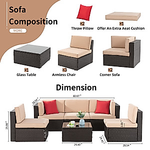 Shintenchi 6 Pieces Patio Furniture Sets Outdoor All-Weather Sectional Patio Sofa Set PE Rattan Manual Weaving Wicker Patio Conversation Set with Glass Table&Ottoman Cushion and Red Pillows, neutral