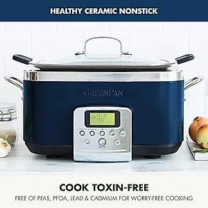 GreenPan Elite 8 - in -1 Programmable 6QT Electric Slow Cooker, Dishwasher Safe Lid & Removable Crock, PFAS-Free Healthy Ceramic Nonstick Multi-Cooker,Sear, Sauté/Brown,Steam Basket,Roast, Oxford Blue