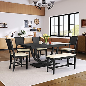 6 Pieces Wood Dining Table Set with Bench, Kitchen Table Set with Half Round Legs, Long Bench and 4 Dining Chairs, Modern Style Dining Room Set for 6 Persons, Gray+Beige
