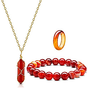 Hicarer Carnelian Crystal Necklace for Women Men Red Carnelian Rings Natural Relieve Anxiety Gemstone Bracelet Crystal Quartz Chakra Gems Stones (Classic Style)