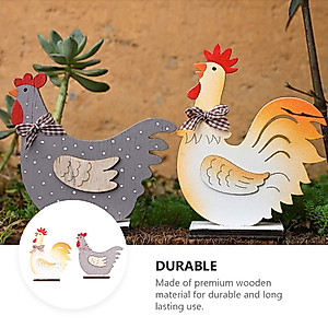 NUOBESTY Rustic Wood Chicken,2 Pcs Tabletop Decor Carved Chicken Statue Home Decor Rooster Cock Hen Animal Sculpture Easter Garden Ornament Decorations