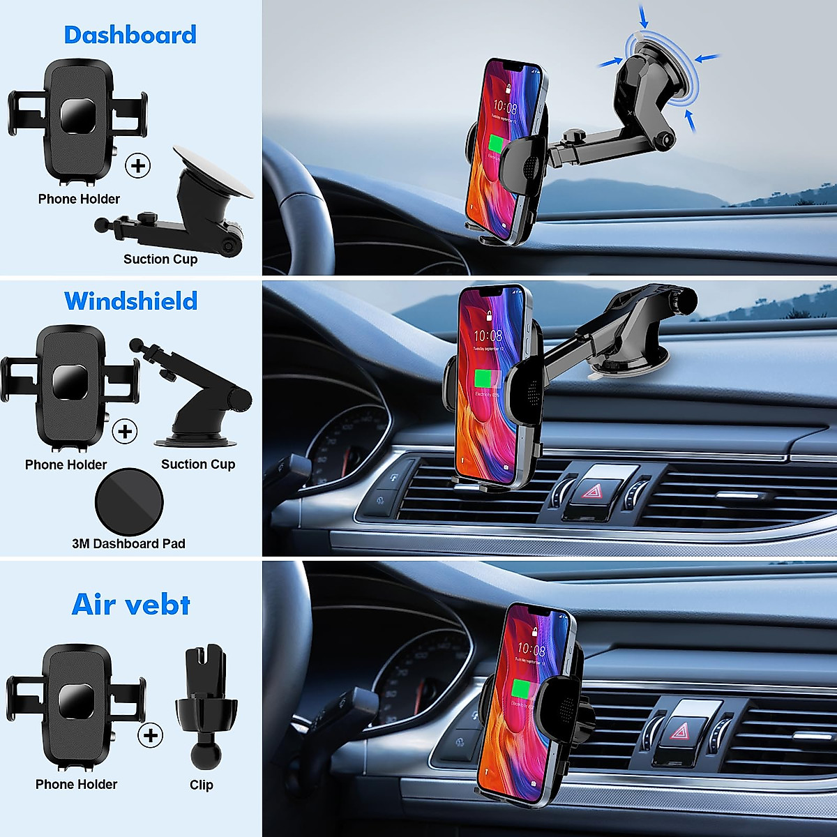 TAPMEI Car Phone Holder [Military-Grade Suction & Clip] 3 in 1 Phone Mount for Car Dashboard Windscreen Air Vent Compatible with All Cell Phones(Black)