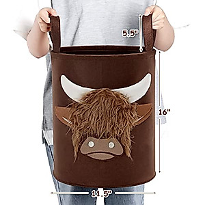 Eunikroko Highland Cow Felt Basket Brown Scottish Cattle Storage Bin Long Hair Farm Animal Laundry Organizer Decorative Portable Hamper Farmhouse Style Toys Holder with Handles Gift for Mom