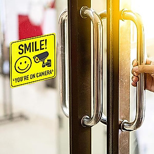 ASSURED SIGNS Smile You're On Camera Signs Stickers - 7 X 7 Inch - 8 Pack - Polite Video Surveillance Security Sign to Prevent Trespassing on Your Private Property - Perfect for House, Business, Yard or Driveway