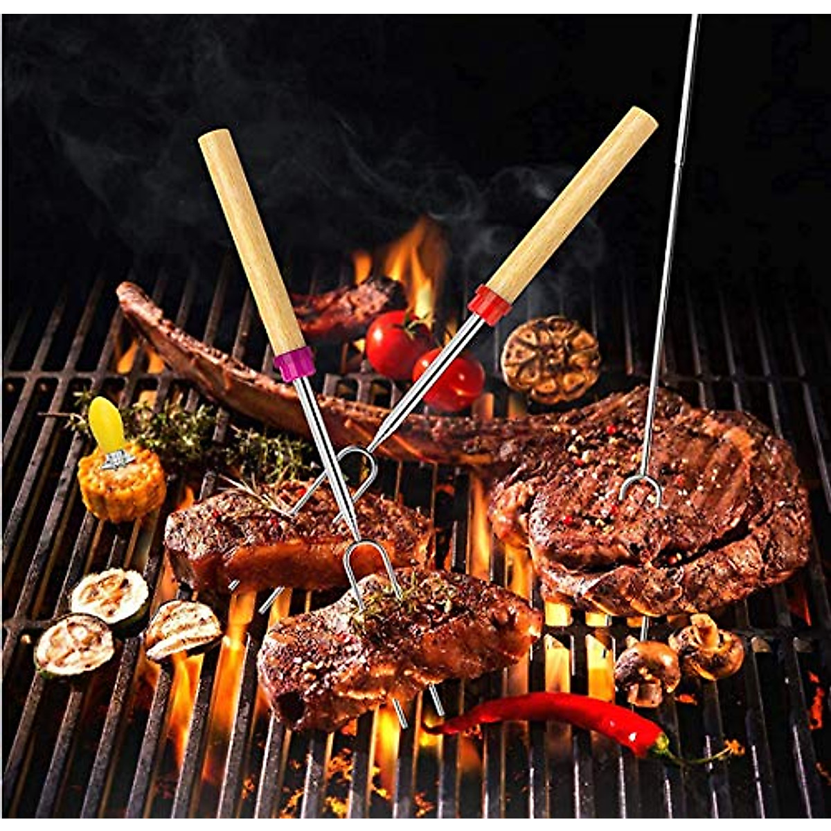 HSHKJ Marshmallow Roasting Stick 8 Packs Smores Skewers for fire Pit Telescoping BBQ Fork with Wooden Handle for Sausage Hot Dog Campfire Camping Stove Grill Kit with Portable Bag,32Inch