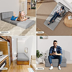 Aiho Folding Sleeper Sofa Chair Bed, Memory Foam Floor Couch , Modern Linen Fabric Removable Cover, for Living Room/Apartment/Dorm/Loft (Light Grey)