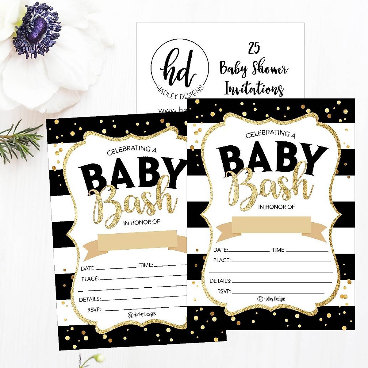 Hadley Designs - Black Gold Bash Baby Shower Invitations, Printable Shabby Chic Unique Custom Vintage Coed Twin Sprinkle Party Card Stock Paper Supplies - 25 Set