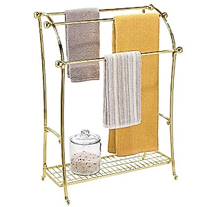 mDesign Large Standing Metal Bathroom Towel Holder Stand with Shelf - 3-Tier Towel Rack Stand for Hanging Bath, Hand, and Fingertip Towels - Towel Stand for Bathroom - Hyde Collection - Soft Brass