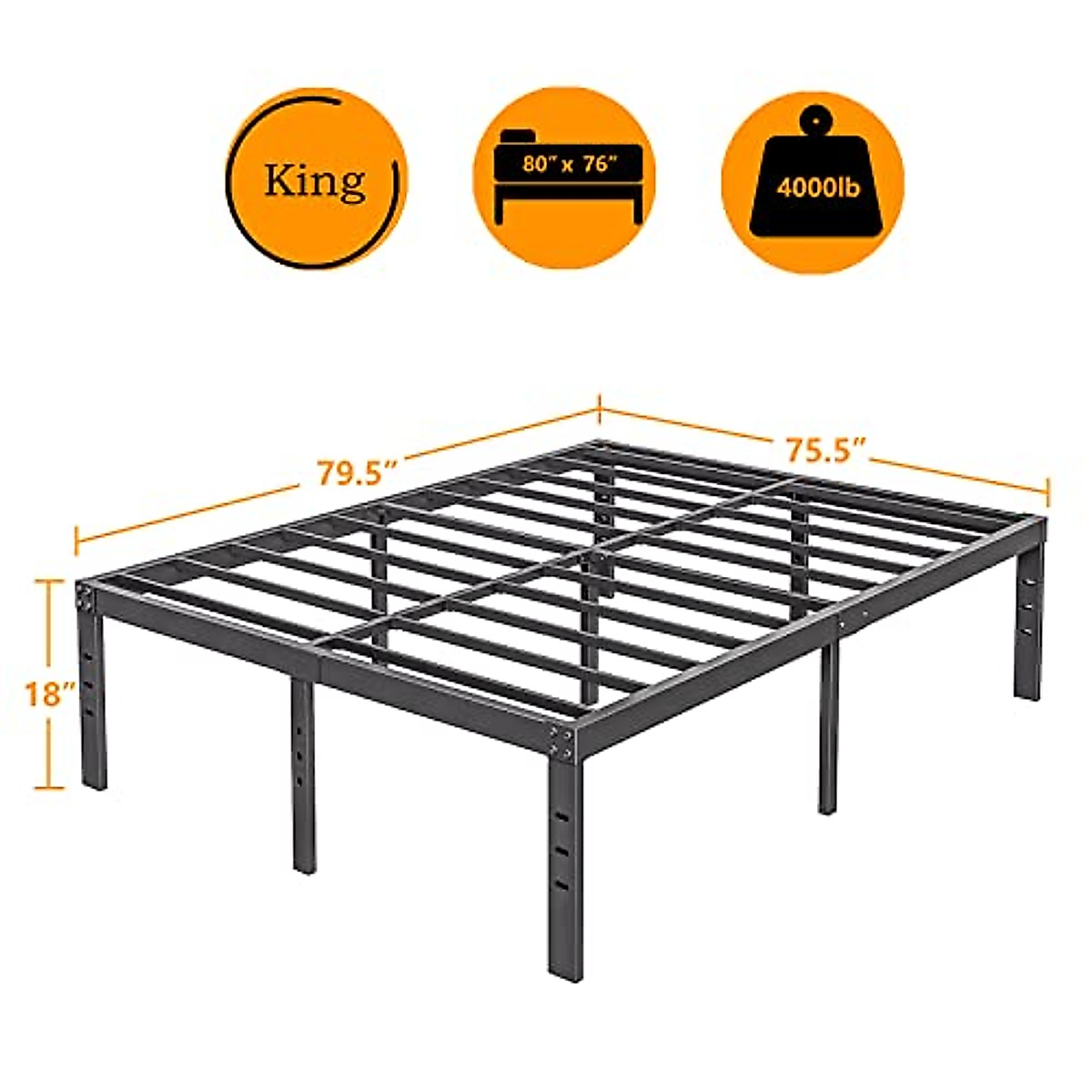 COMASACH 18-Inch King-Bed-Frame, Heavy Duty Tall Black Platform-Bed Frames No Box Spring Needed, Easy Assembly, Under Bed Storage, Noise Free Mattress-Foundation Support up to 4000Lbs