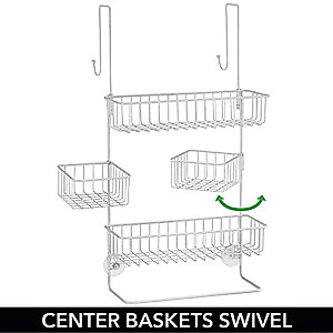 mDesign Steel Over the Door Shower Caddy - Hanging Shower Organizer Rack w/ 4 Baskets, 2 Hooks - In-Shower Hanging Caddy for Bathroom - Over Door Shower Caddy Hanger - Klypon Collection - Matte White