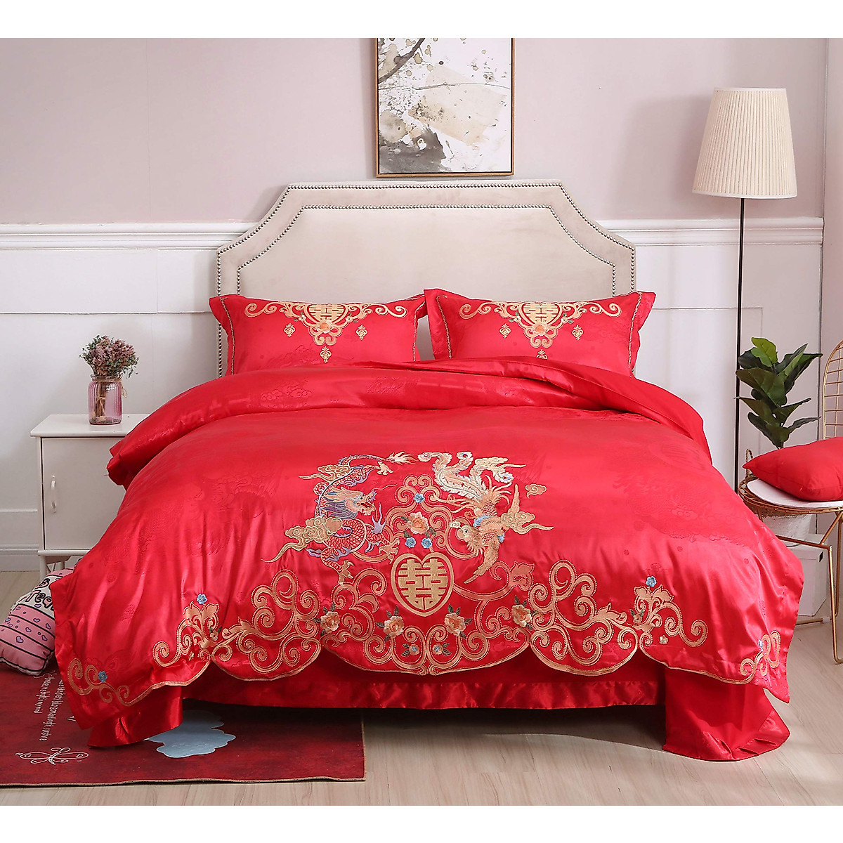 I-MART Queen Size Chinese Traditional Red Sheet Asian Bedding with Dragon and Phoenix Bird Embroidery Duvet Cover Set 4 Pcs