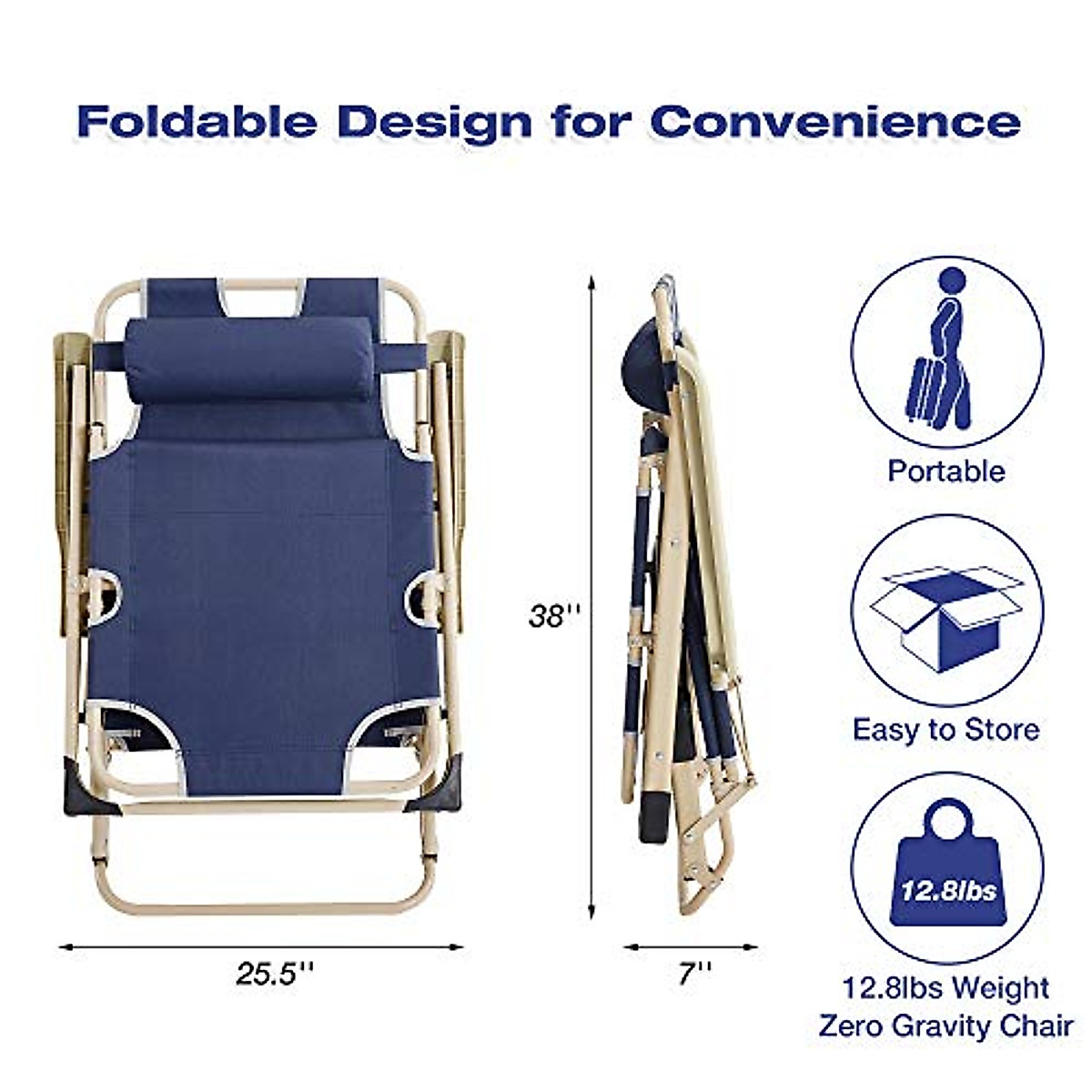 Dporticus Set of 2 Large Outdoor Patio Portable Folding Adjustable Chaise Lounge Chair with Footrest and Removable Pillow