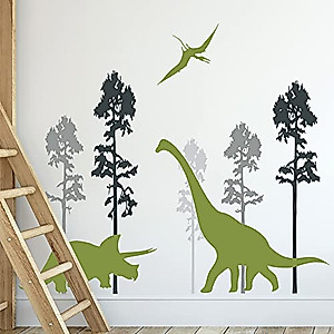 Giant Green Dinosaur Wall Decals Jungle Black Tree Wall Stickers DIY Removable Big Pin Trees Dinosaurs Nature Forest Wall Art Decor for Kids Teens Bedroom Living Room Nursery Playroom Decoration DT-67
