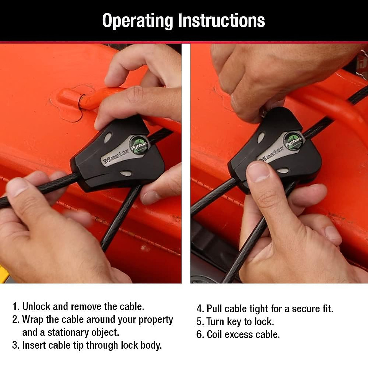 Master Lock Black Python Bike Lock with Key, Adjustable Metal Cable Lock has a Weather Resistant Vinyl Coating for Outdoor Equipment, Bicycles, Trail Cameras, 6 Feet Long, 8418D