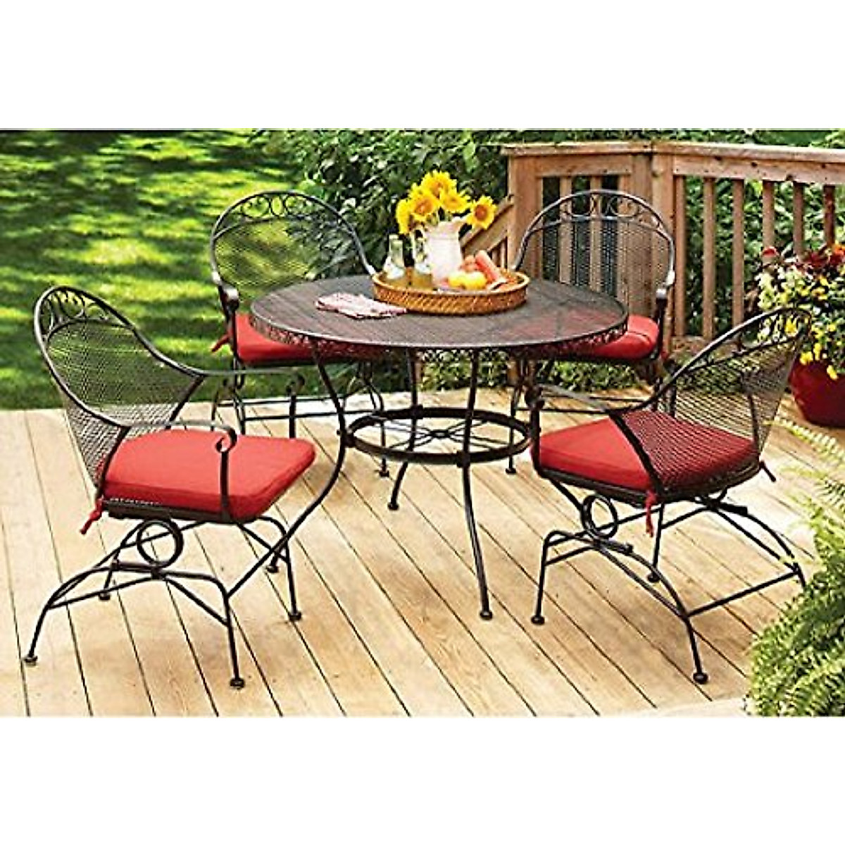 Better Homes and Gardens Clayton Court 5-piece Patio Dining Set, Wrought Iron Table and 4 Chairs, Red Cushions, Seats 4