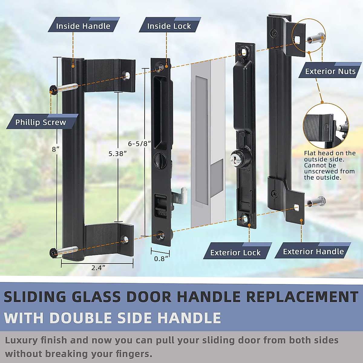 T-HAKEN Sliding Glass Door Replacement with Handles on Both Sides, 6-5/8 Black - Patio Door Handle Set That is 1 in. to 1-1/8 in. Thick Used on Both Left and Right-Handed. (Keyed)