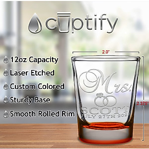 Personalized Mr and Mrs Shot Glasses Set 2oz Orange Bottom Custom Engraved for Couples, Wife and Husband, Fiance and Fiancee, Bride and Groom at Wedding Party, Anniversary and Engagements